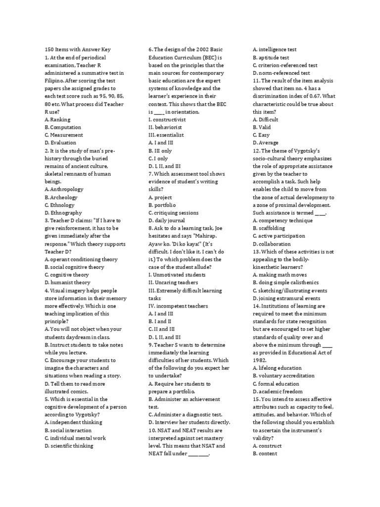 150 Items With Answer Key-Prof-Ed-Let Reviewer | PDF
