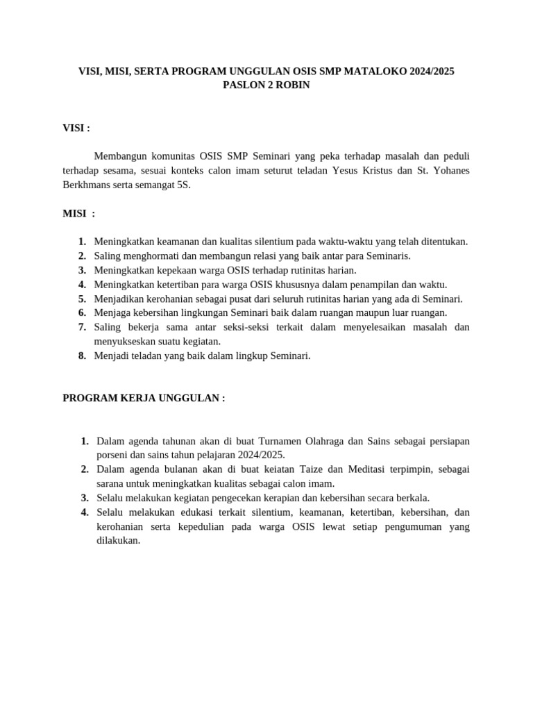 VISI, MISI, Dan PROGRAM KERJA OSIS SMP MATALOKO 2024-2025 | PDF