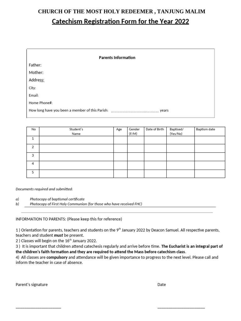 Catechism Registration Form | PDF