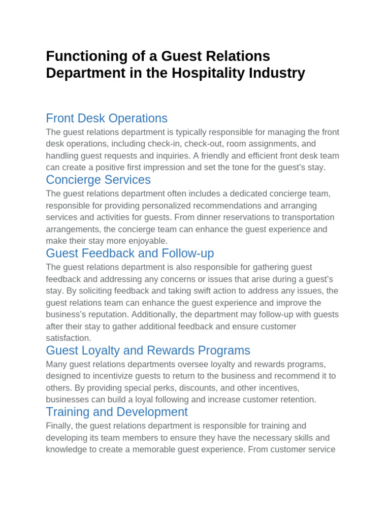 Functioning of A Guest Relations Department in The Hospitality Industry ...