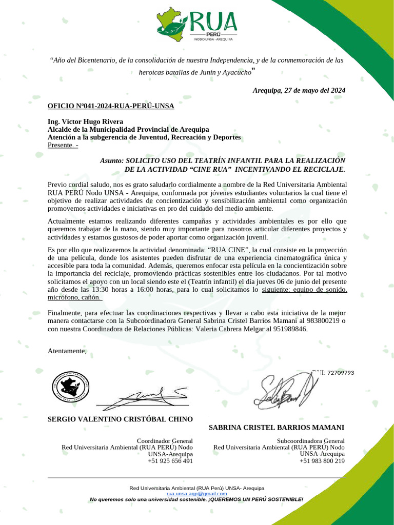 Oficio N°041-2024-Rua-Perú-Unsa | PDF