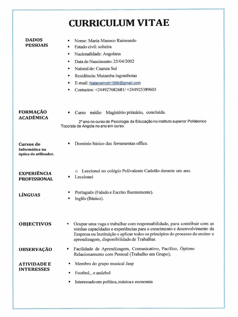 Documento - Curriculo Maria Raimundo | PDF