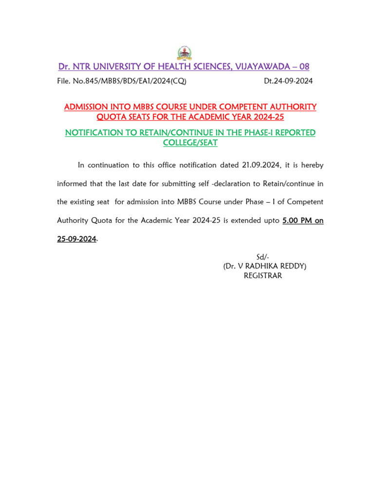 MBBS - CQ Admissions, 2024-25 Extension Notification To Retain in The Phase-I Reported College | PDF