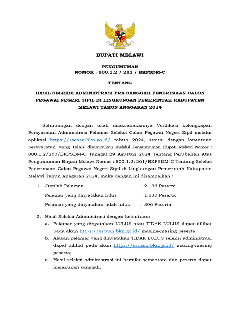 Pengumuman Hasil Seleksi Administrasi Pra Sanggah-1 | PDF Pengumuman Hasil Seleksi Administrasi Pra Sanggah-1 | PDF