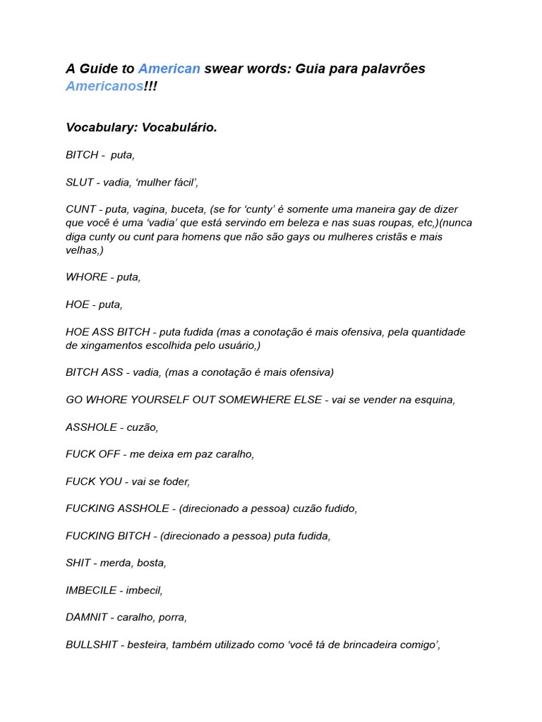 A Guide To American Swear Words - Guia para Palavrões Americanos | PDF