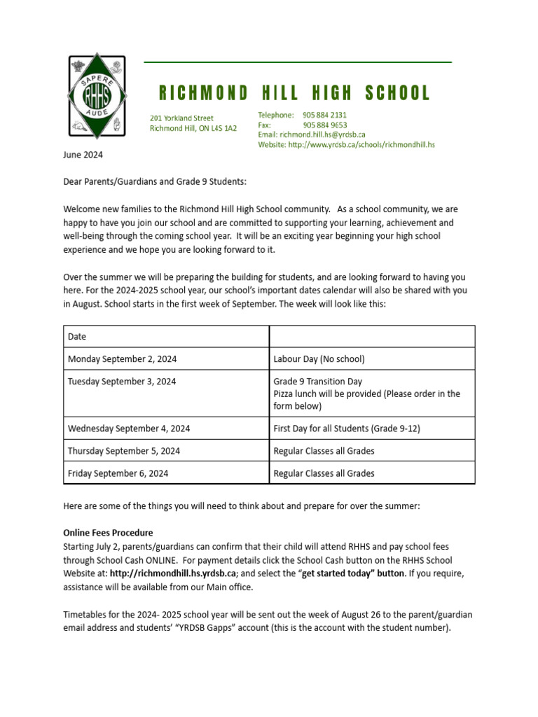 2024-25 RHHS GR. 9 Parents - Guardian Letter (June) | PDF