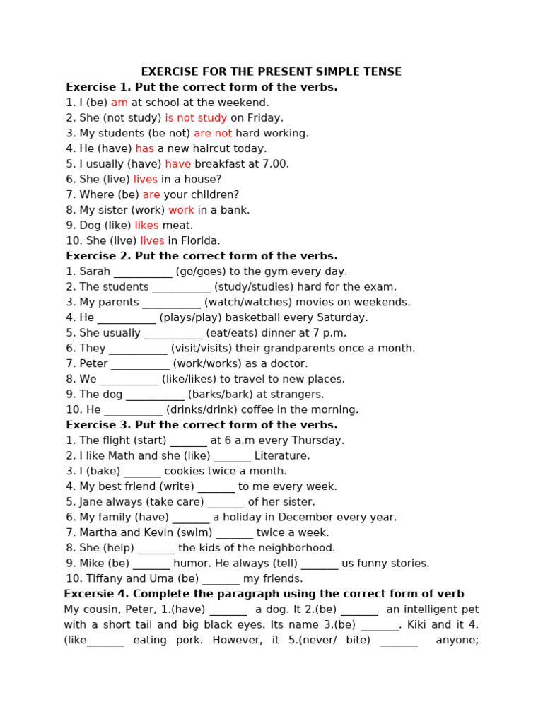Exercise For The Present Simple Tense | PDF