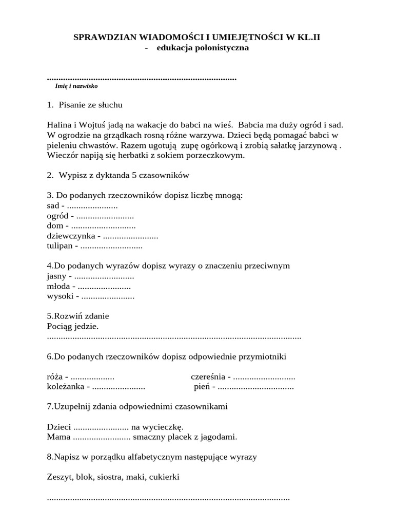 Sprawdzian Kl.2-Edu - Polonistyczna | PDF