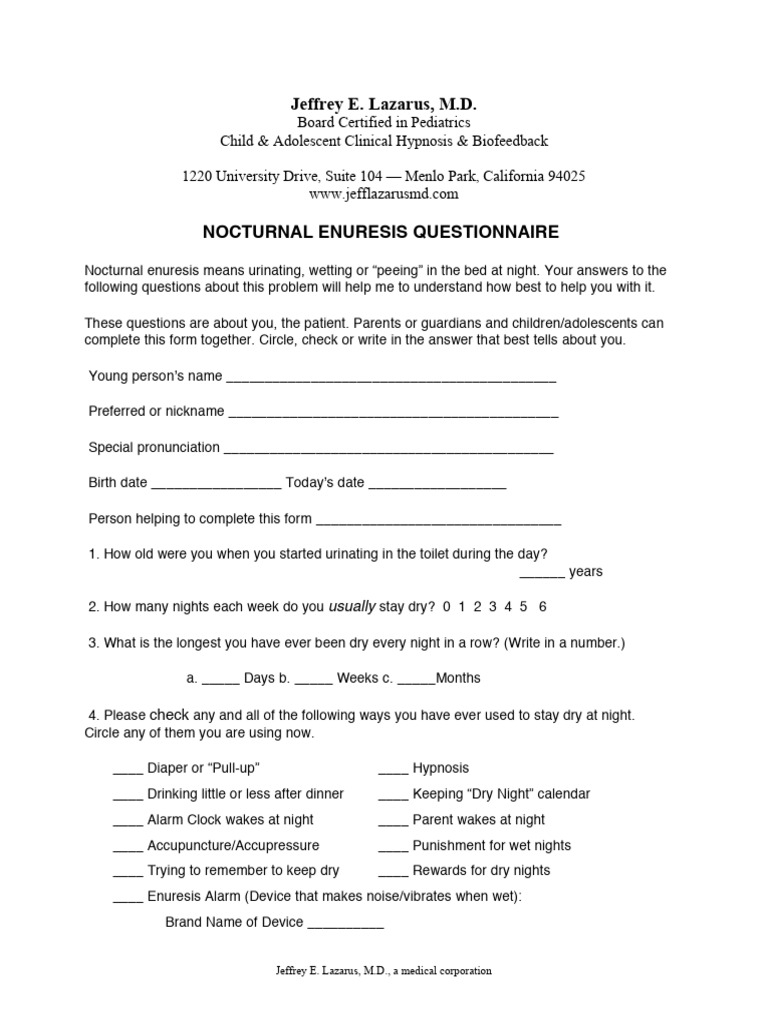 Enuresis Questionnaire | PDF