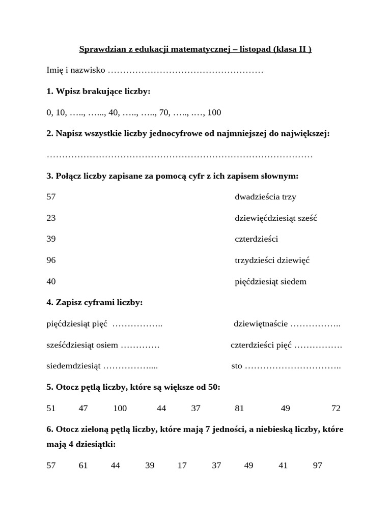 Sprawdzian Z Edukacji Matematycznej Klasa II | PDF