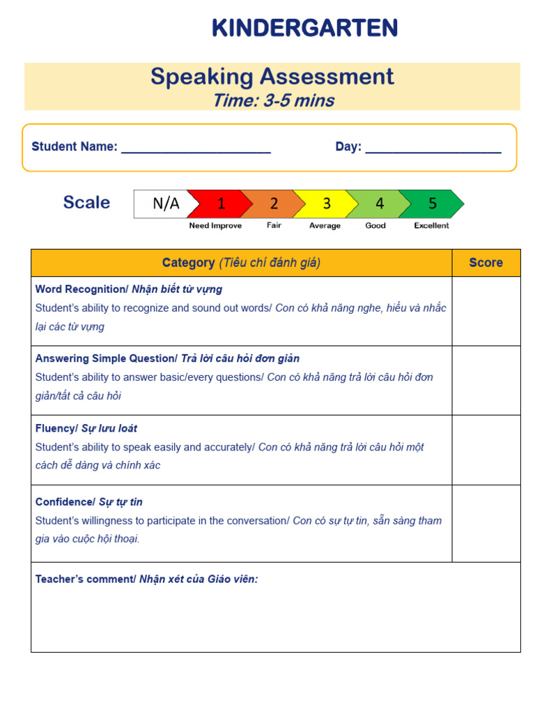 Kindergarten Speaking Assessment | PDF