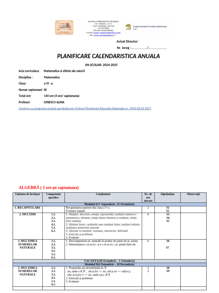 Planificare Cls 6-Matematica | PDF