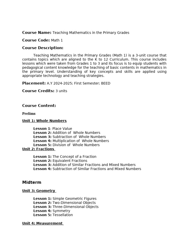 MATH TEACH I - Course Outline | PDF | Mathematics | Integer