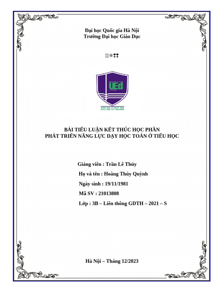 Hoàng Thúy Quỳnh - 19.11.1998 - Bài Thi Kết Thục Học Phần Môn Ptnl Dạy Toán ở Tiểu Học | PDF