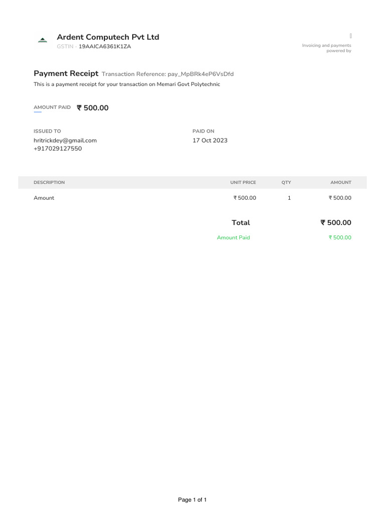 Receipt Pay - MpBRk4eP6VsDfd From ARDENT COMPUTECH PRIVATE LIMITED (Paid) | PDF