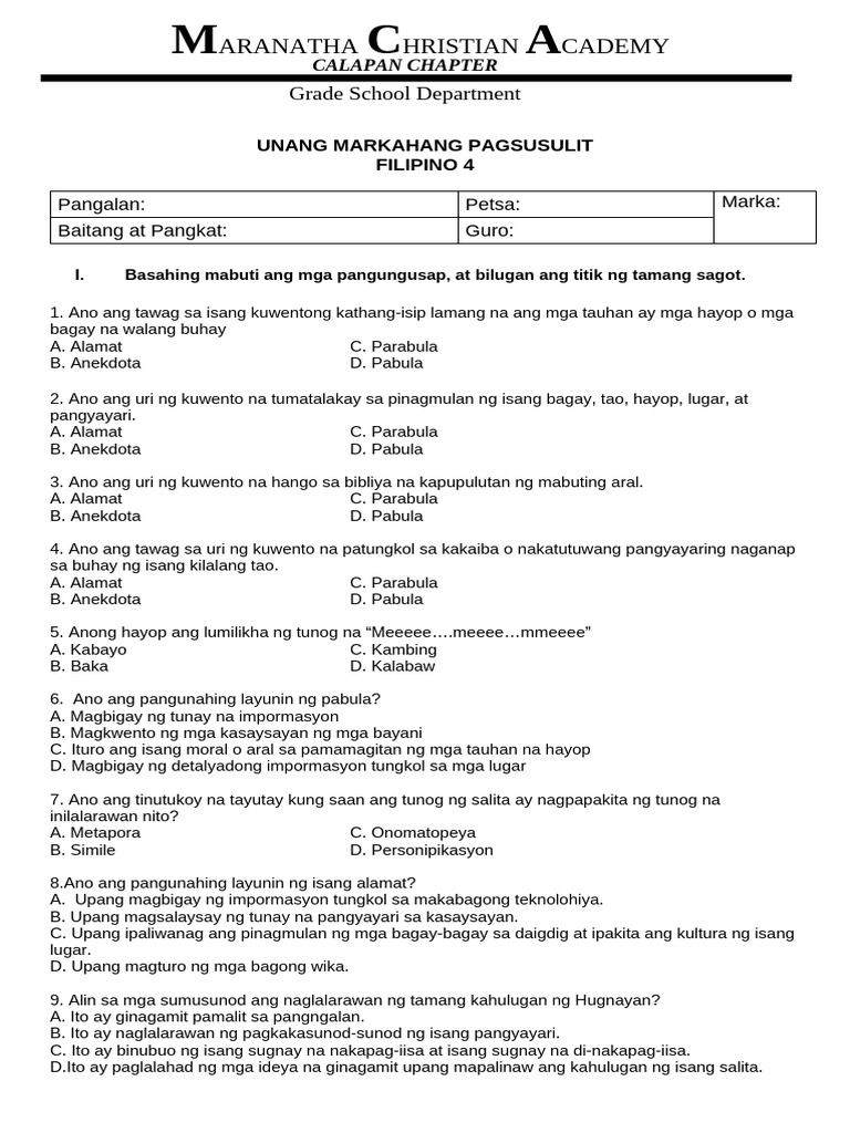 1st QA - Filipino 4 | PDF