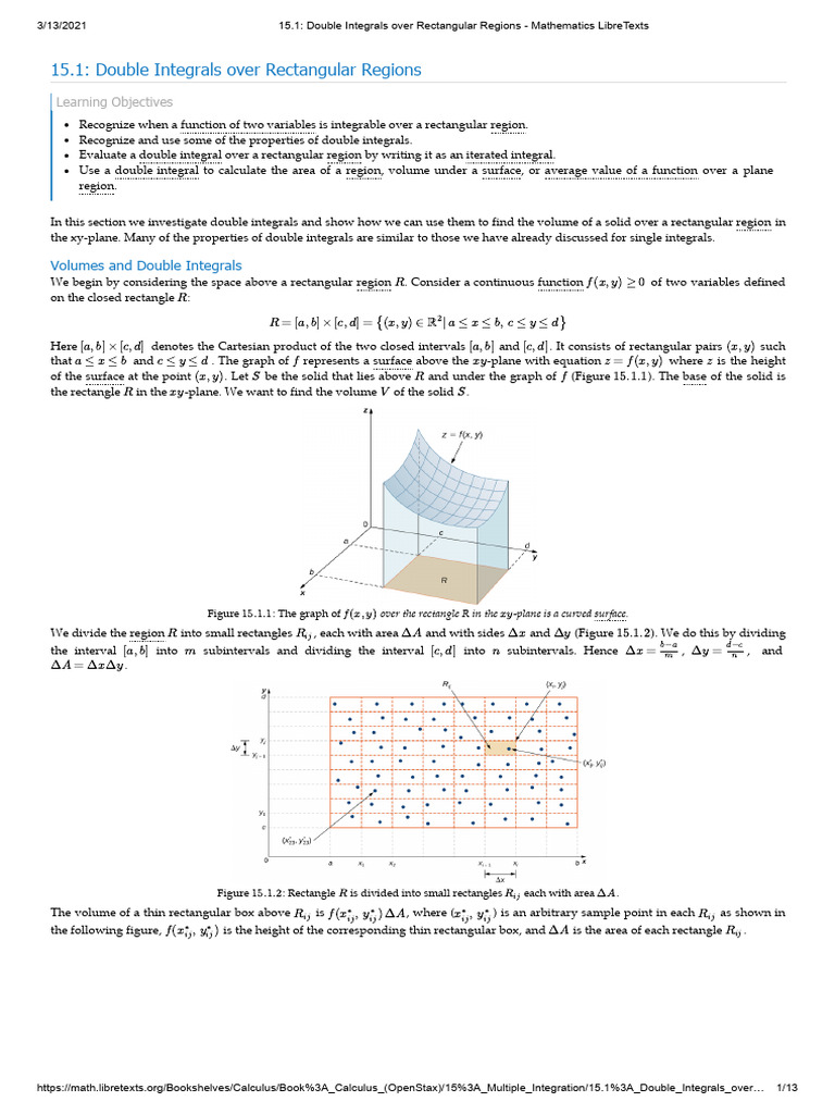 15.1 - Double Integrals Over Rectangular Regions - Mathematics LibreTexts | PDF