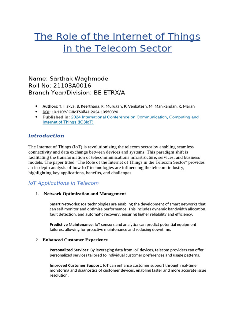 The Role of The Internet of Things in The Telecom Sector | PDF