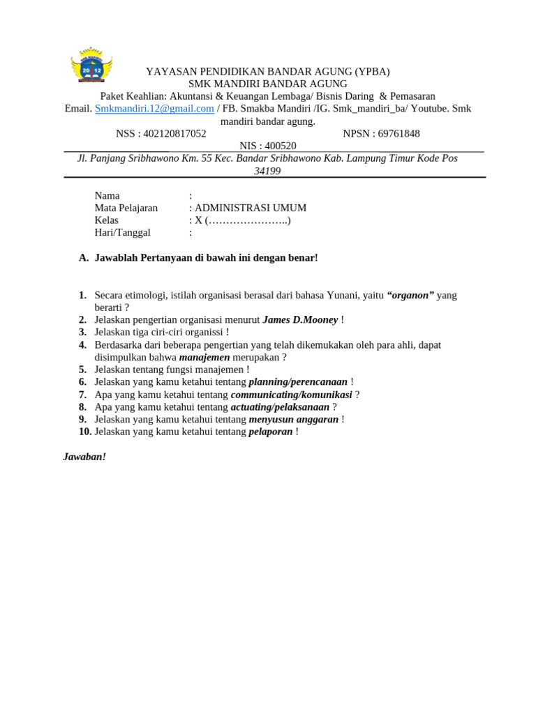 Soal Uts Administrasi Umum X Akl&bdp | PDF