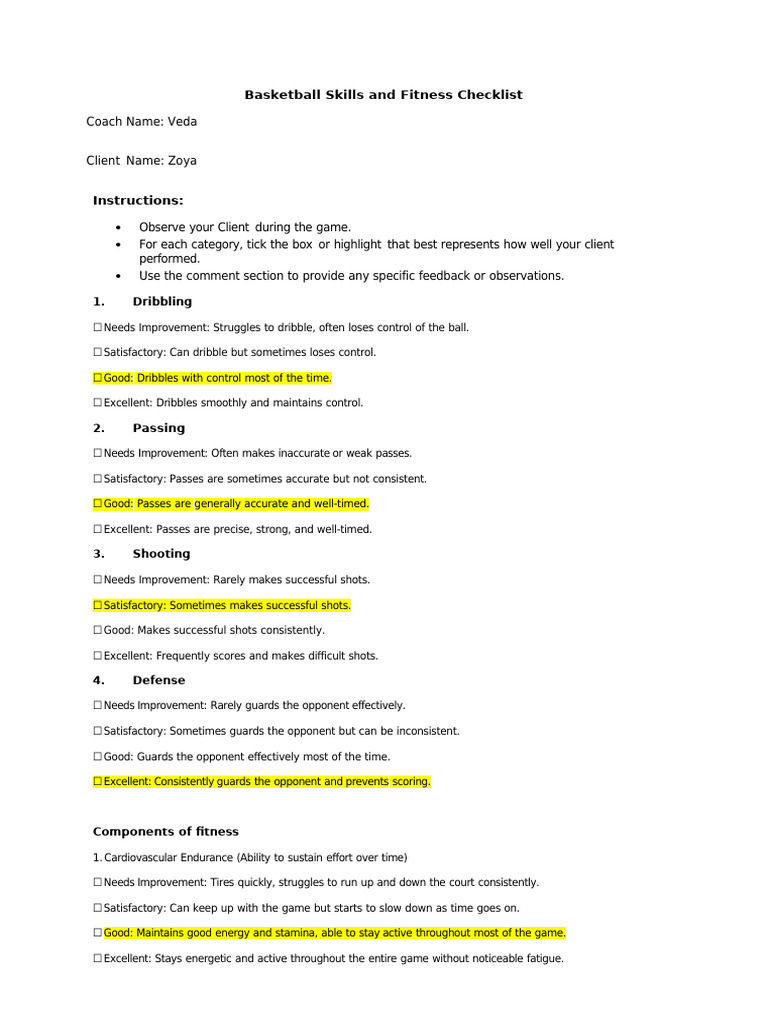 Basketball Checklist For MYP 3 Coach-Veda Client-Zoya | PDF