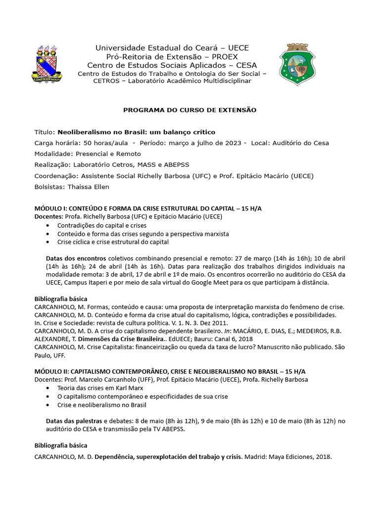 Programa Do Curso de Extensão | PDF