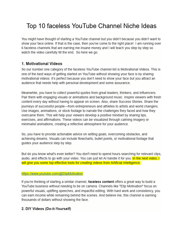 Top 10 Faceless YouTube Channel Niche Ideas-2 | PDF