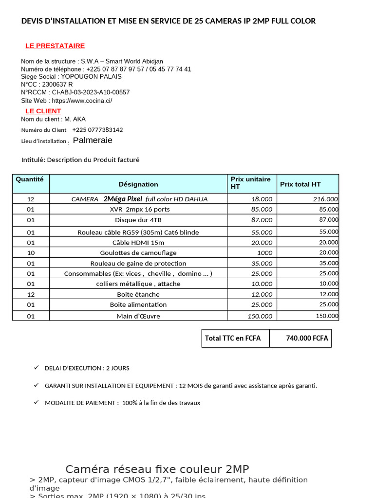 Devis Camera 12 2mp Full Color | PDF