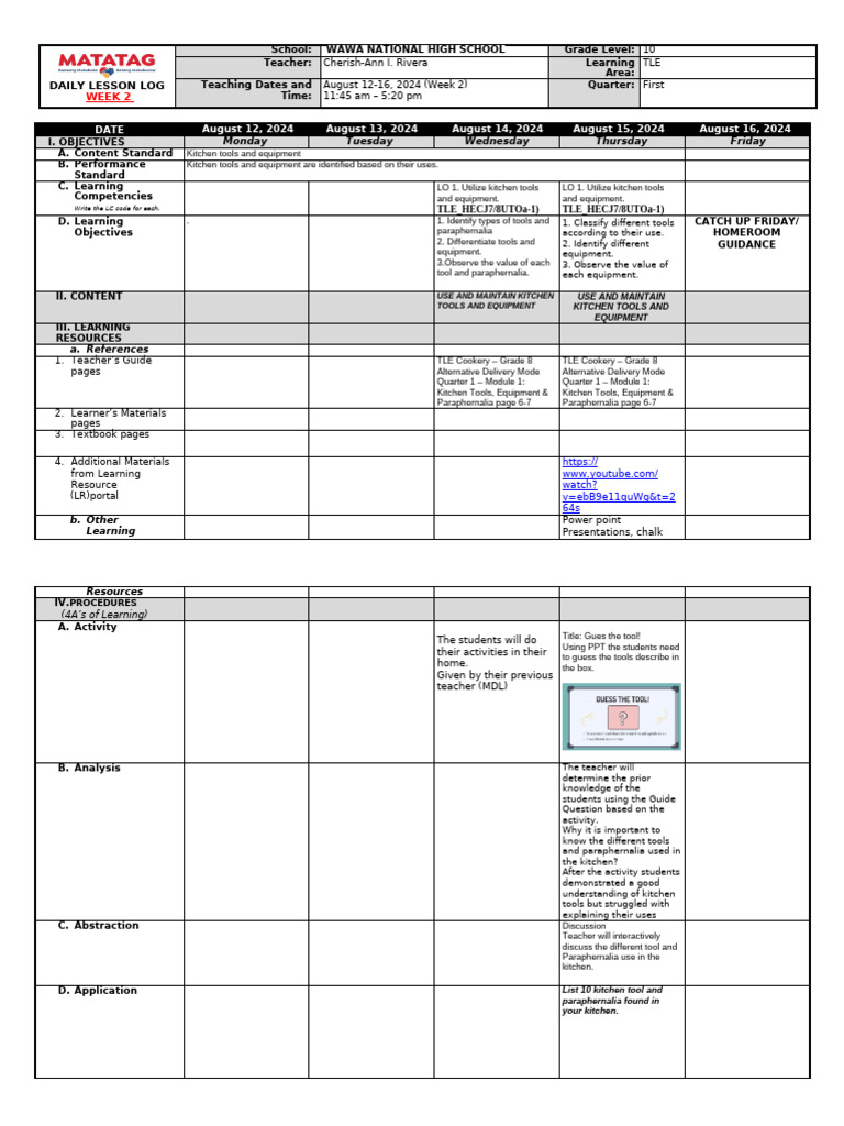DLL 4AS WAWAHS Quarter 1 Week 2 | PDF | Learning