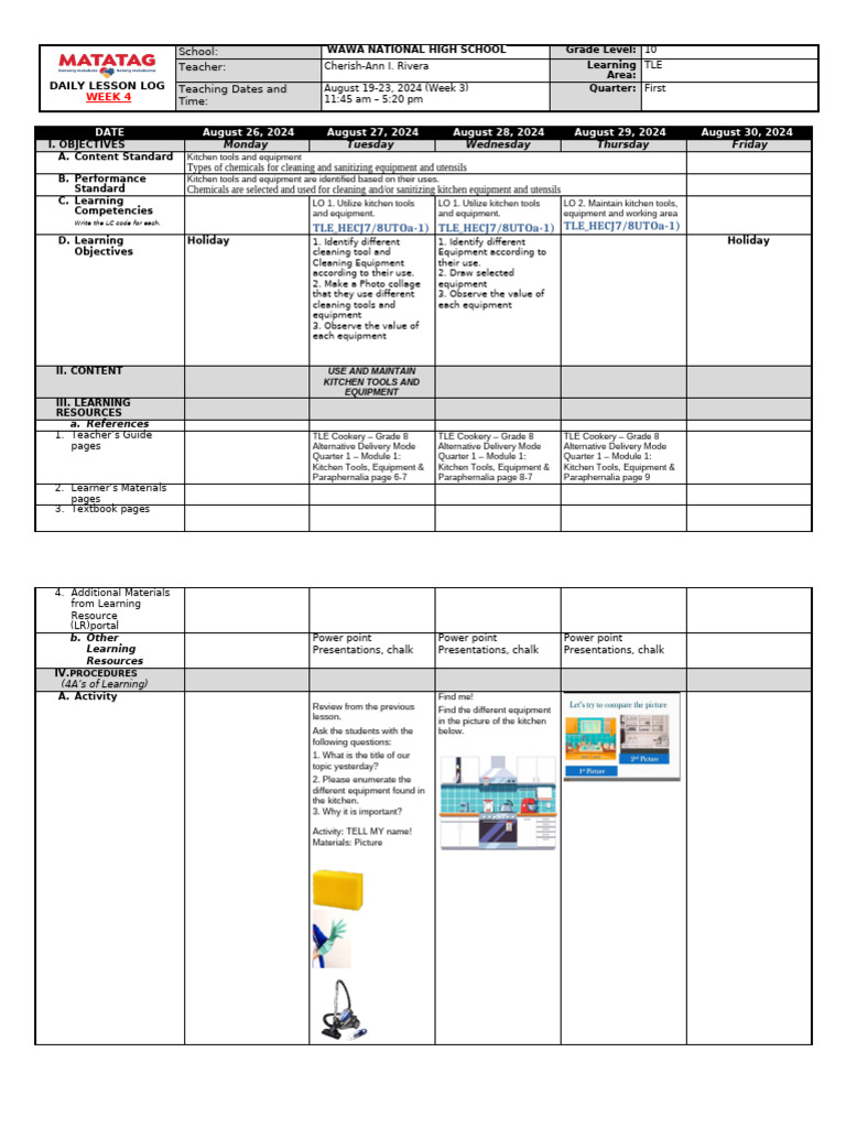 DLL 4AS WAWAHS Quarter 1 Week 4 | PDF | Learning | Kitchen Utensil