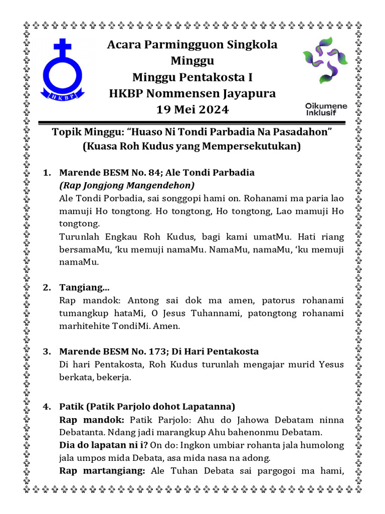 Tata Ibadah Sekolah Minggu, Minggu 19 Mei 2024 | PDF
