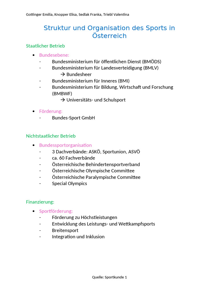 Handout Zur Struktur Und Organisation Des Sports in Österreich | PDF
