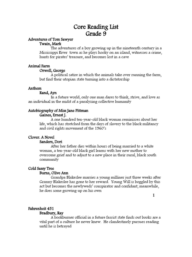 Grade 9 Core Reading List | PDF | Dune (Novel) | Kim (Novel)