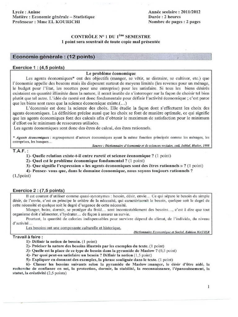Devoir 1 Modele 9 Statistiques 1 Bac Eco Semestre 1 | PDF