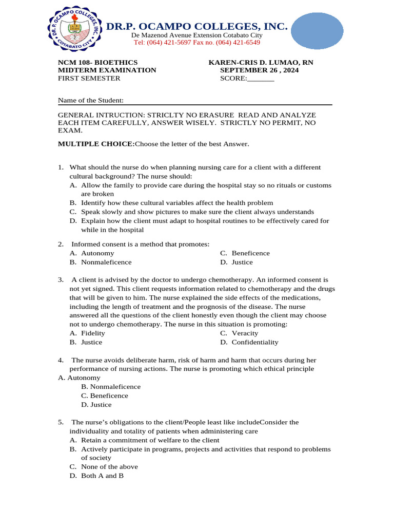 Bioethics Midterm Exam Final | PDF