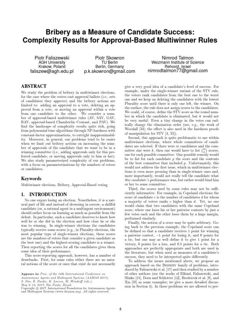 Bribery As A Measure of Candidate Success-Complexity Results For Approval-Based Multiwinner ...