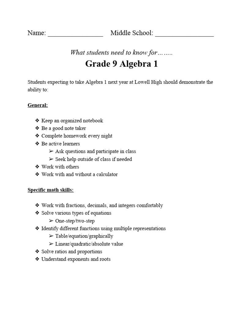 Entering Grade 9 Algebra Summer Packet 2020 | PDF | Equations | Algebra