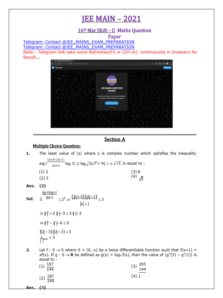 JEE Main 2021 Question Paper Maths Mar 16 Shift 2 | PDF