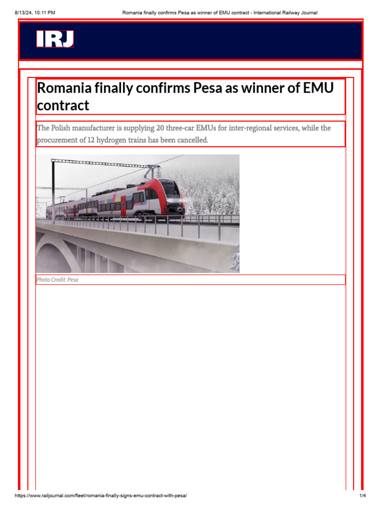 Romania Finally Confirms Pesa As Winner of EMU Contract - International Railway Journal | PDF