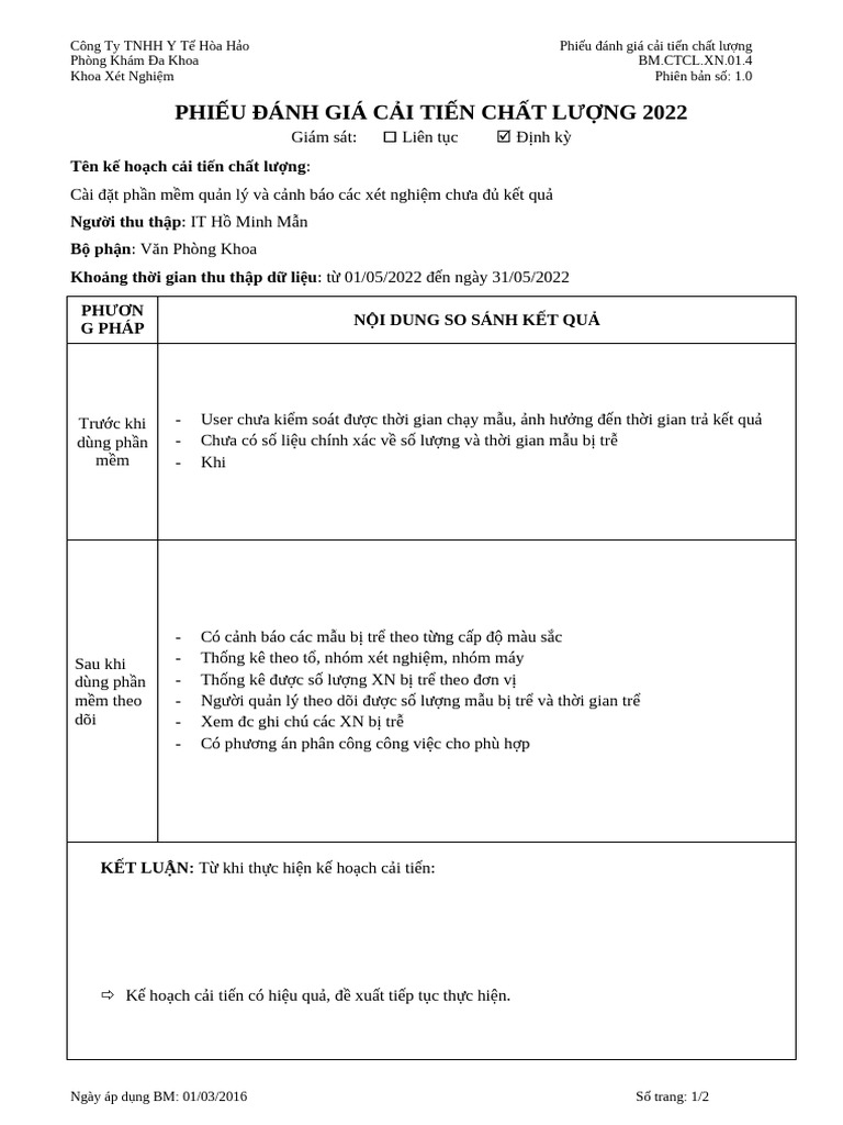 Phieu Danh Gia Cai Tien Chat Luong | PDF