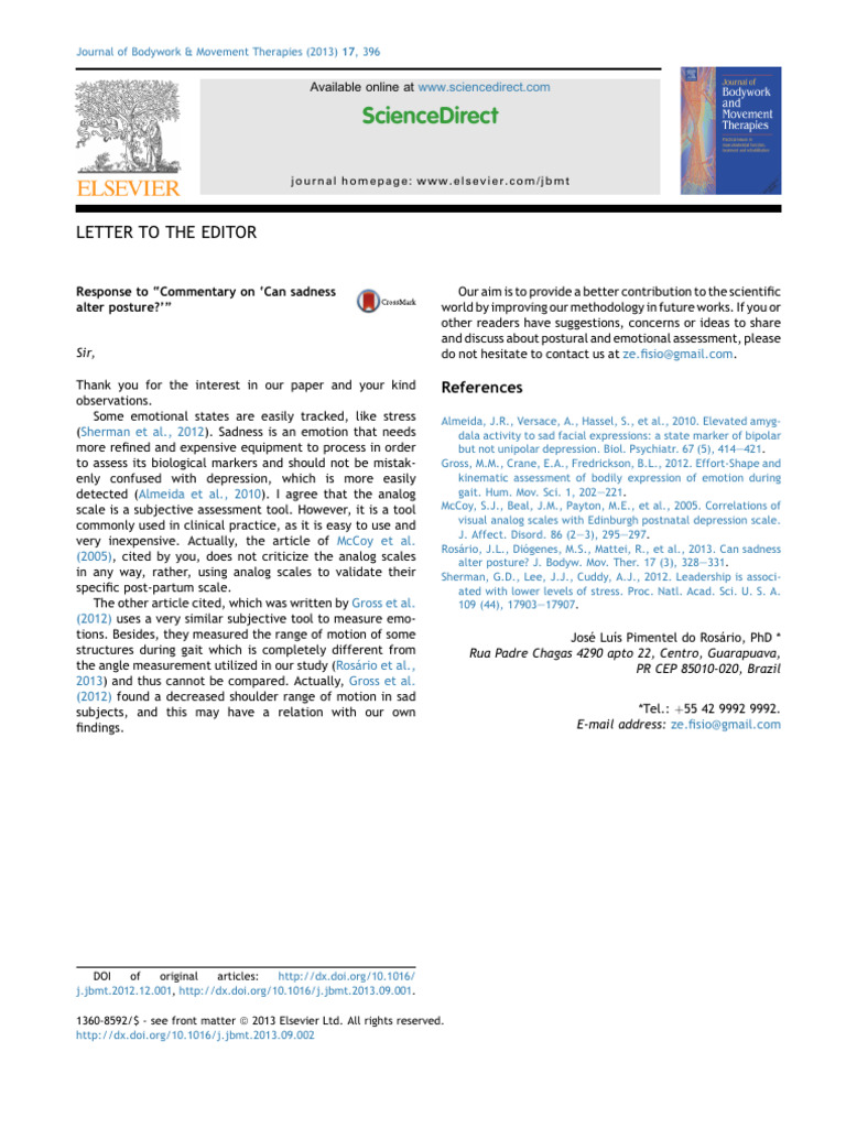 Response To Commentary On Can Sadness Alter Posture | PDF