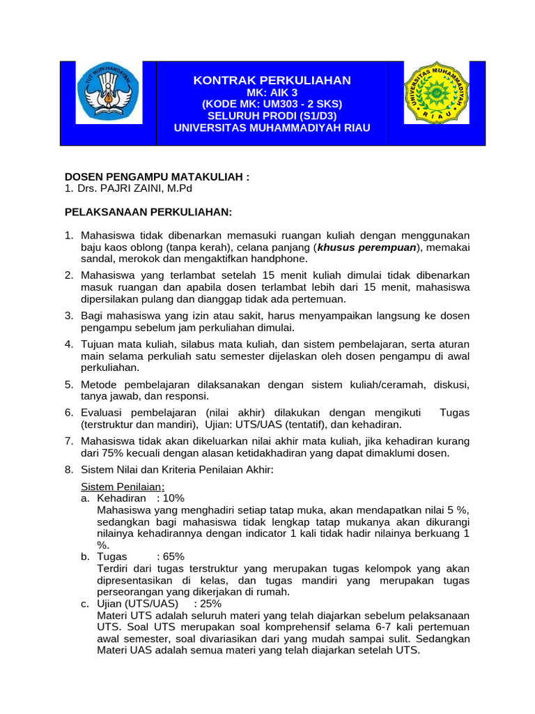 6700e-Kontrak-Perkuliahan - Aik-3 2024 1 Pajri | PDF