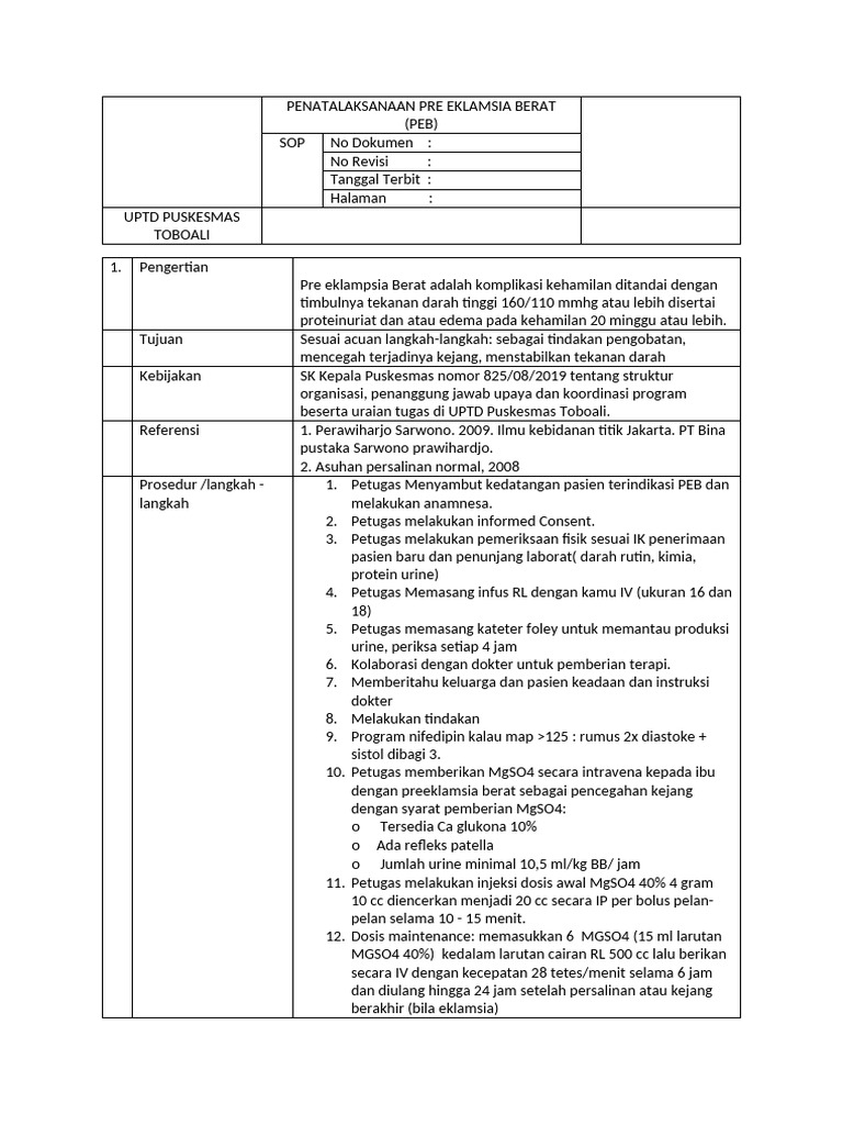 Sop Pre Eklamsia Berat | PDF