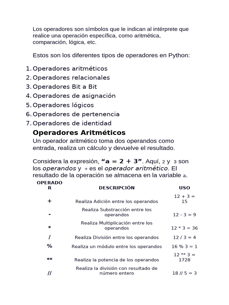 Operadores en Python | PDF