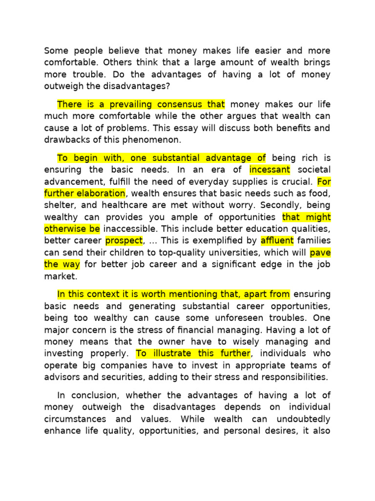 Do The Advantages of Having A Lot of Money Outweigh The Disadvantages | PDF