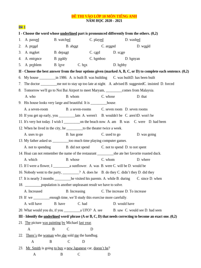 10-De-Luyen-Thi-Vao-Lop-10-Mon-Tieng-Anh Đã S A | PDF