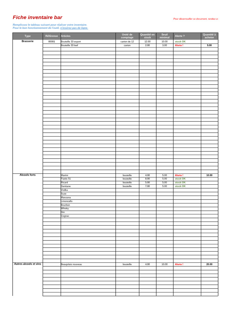 Fiche Inventaire Bar Excel 1 | PDF