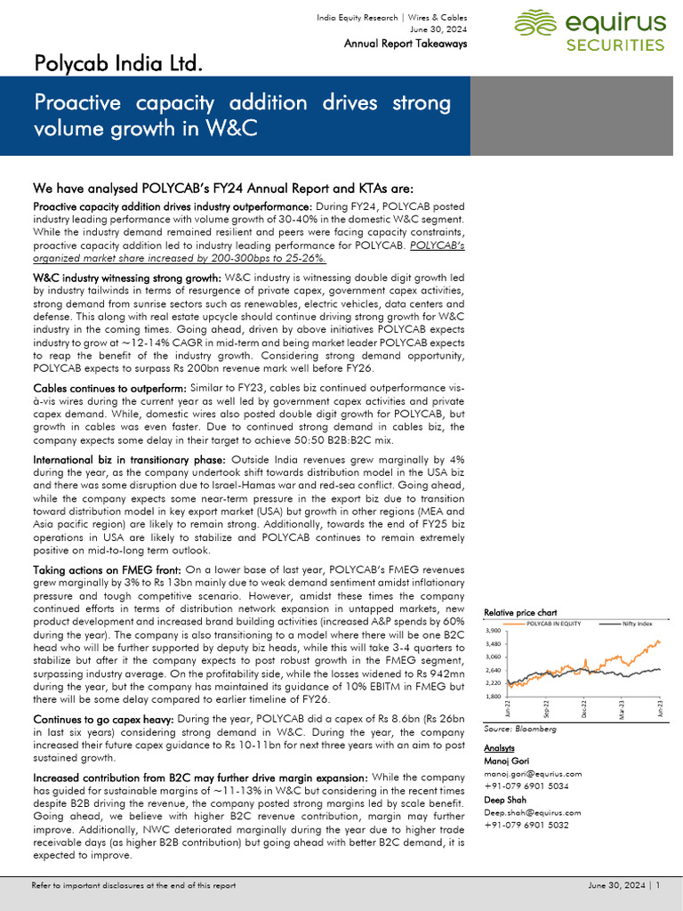 Polycab India LTD FY24 Annual Report Analysis - Proactive Capacity Addition Drives Strong Volume ...