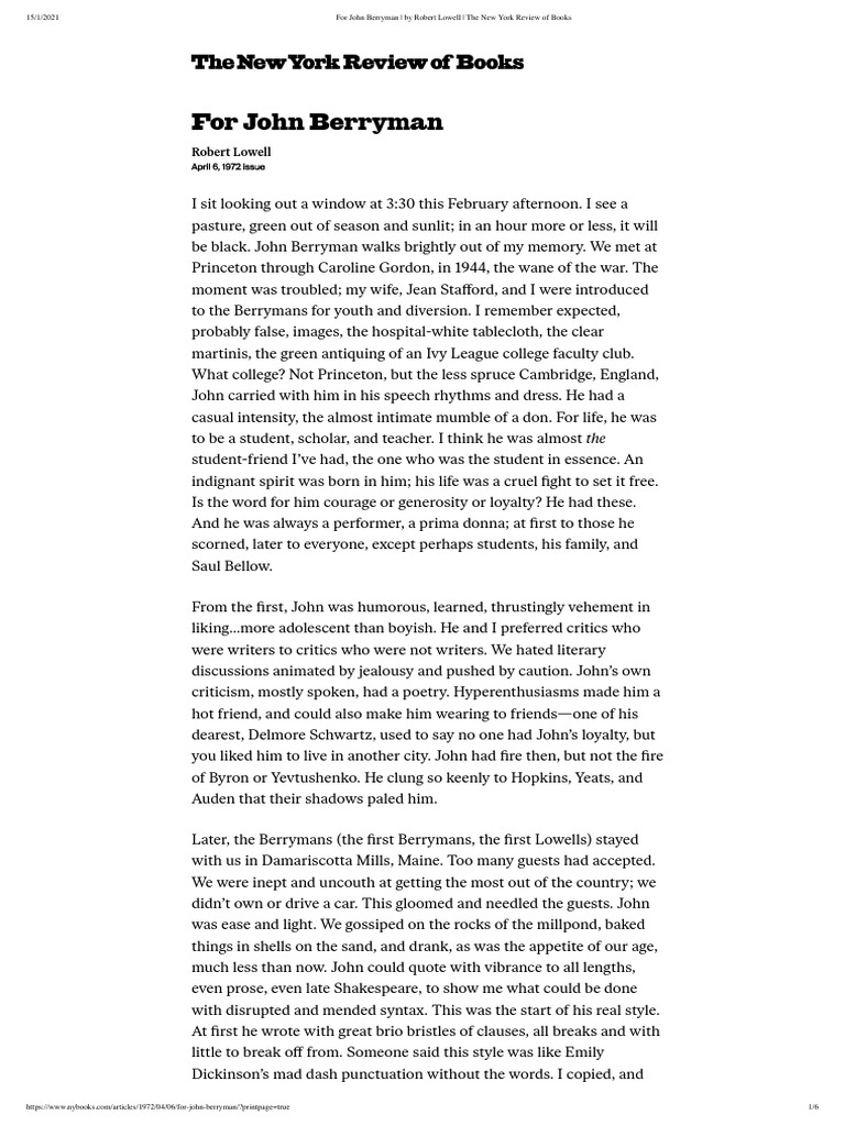 For John Berryman - by Robert Lowell - The New York Review of Books | PDF