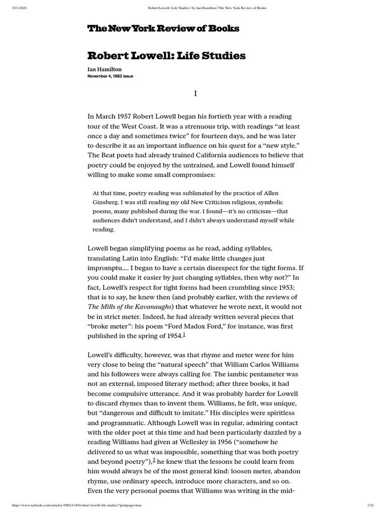 Robert Lowell - Life Studies - by Ian Hamilton - The New York Review of ...