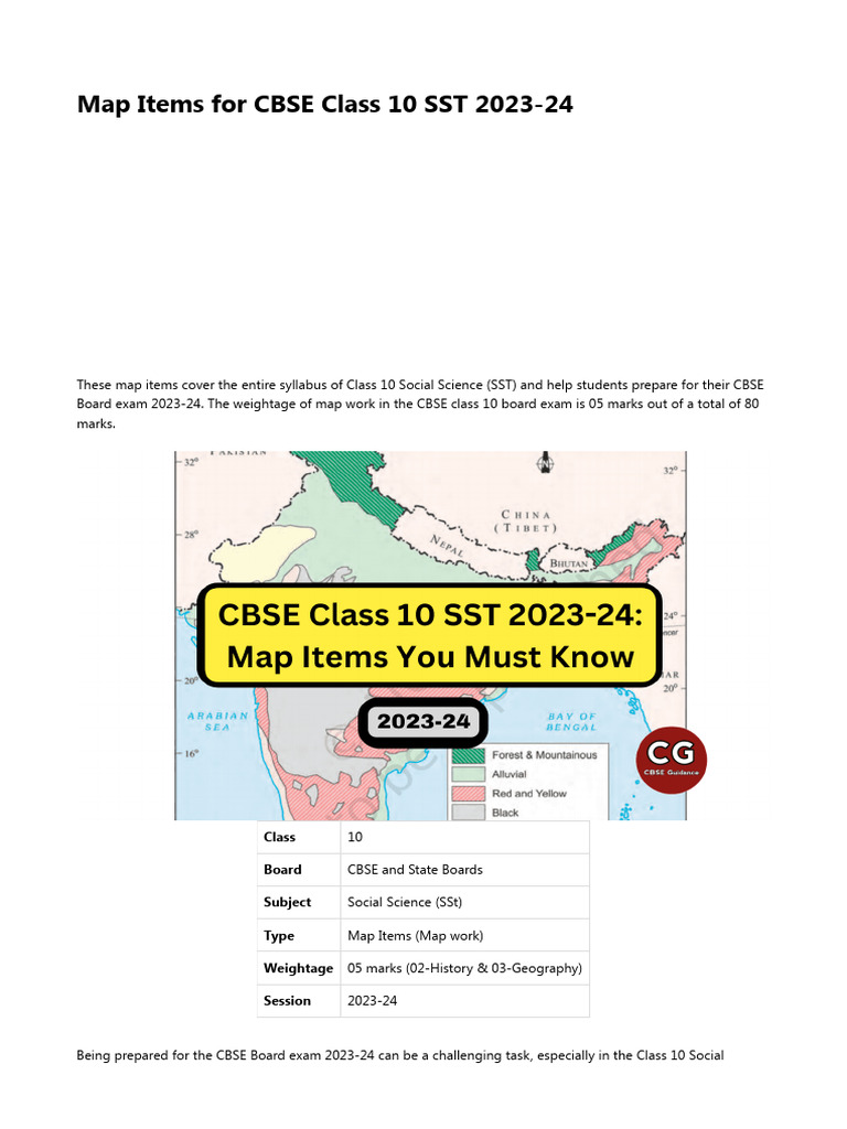 Map Items For CBSE Class 10 SST 2023-24 - CBSE Guidance | PDF